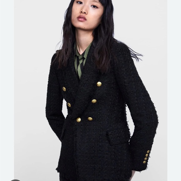 Zara | Jackets & Coats | Zara Black Tweed Blazer With Gold Buttons ...